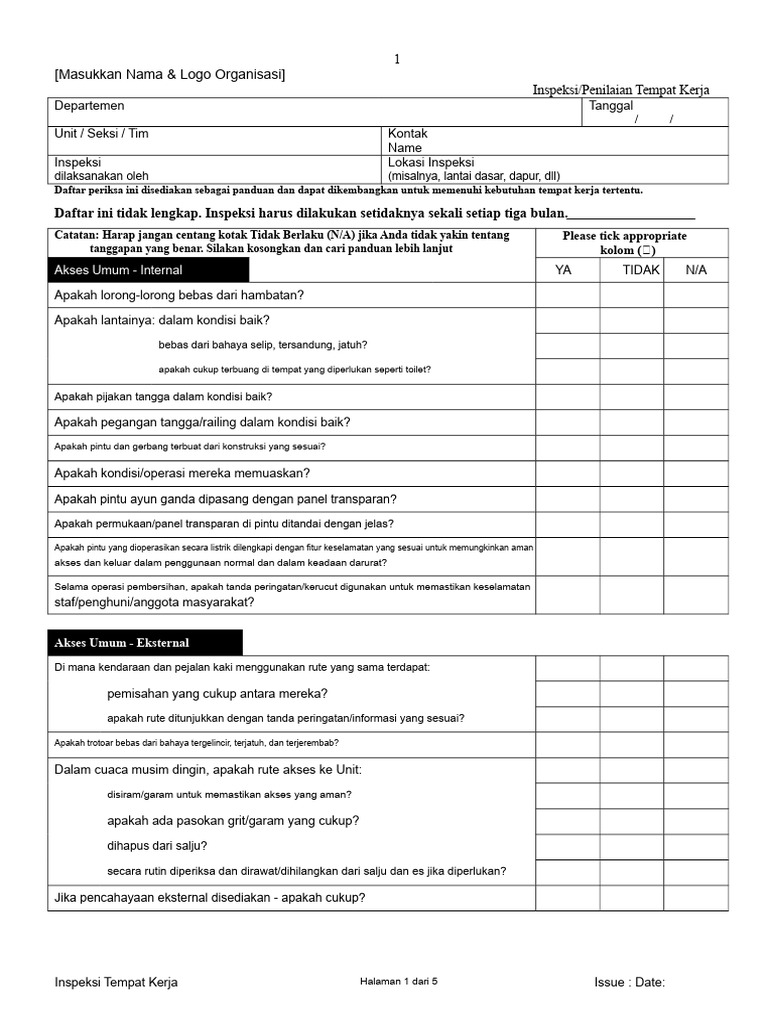 Template Checklist Pemeriksaan Tempat Kerja | PDF