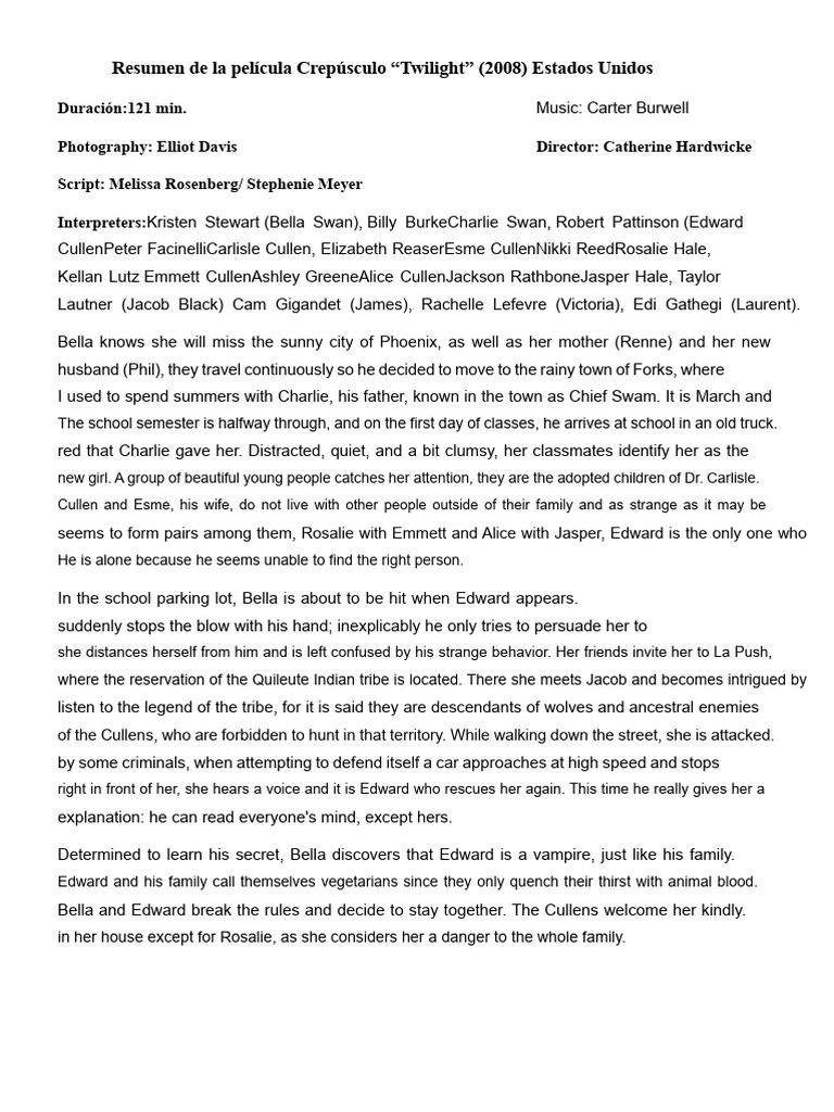 Summary of The Movie Twilight | PDF | Twilight (Novel Series ...