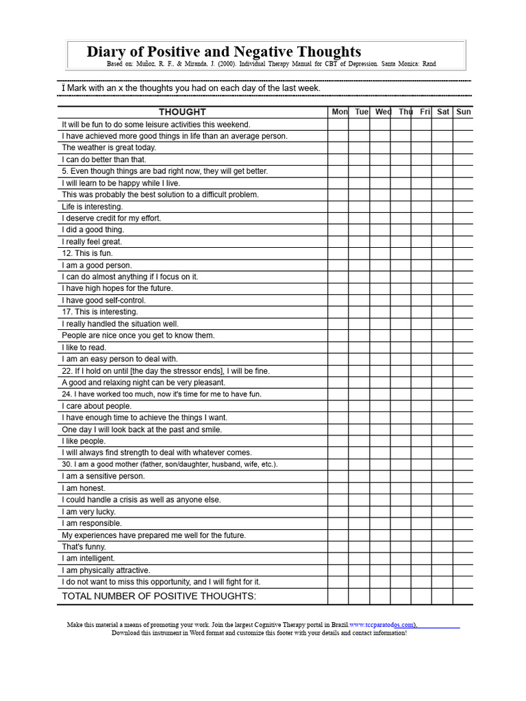 Weekly Positive and Negative Thoughts Log | PDF | Psychology ...