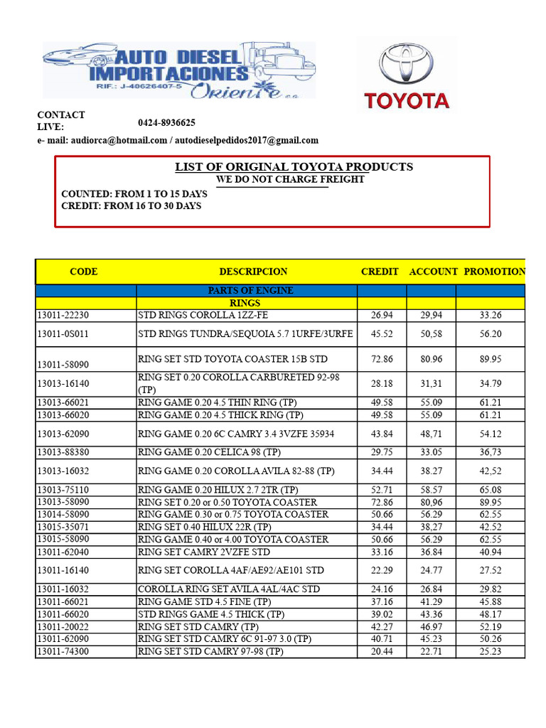 List of Original Toyota Products 26-09-22 | PDF | Toyota | Vehicles