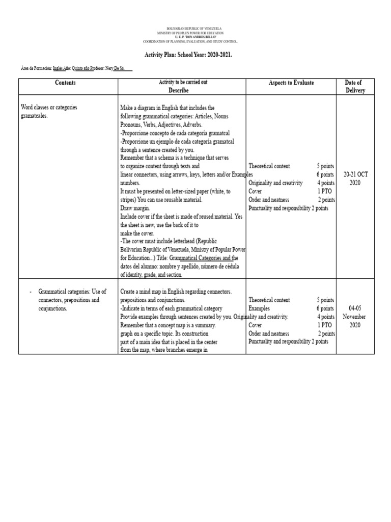 Activities 1 and 2 English 5TH Year First Term 2020-2021 | PDF ...