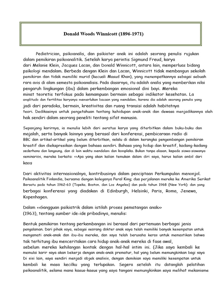 Donald Winnicott: Psikoanalisis dan Perkembangan Anak | PDF
