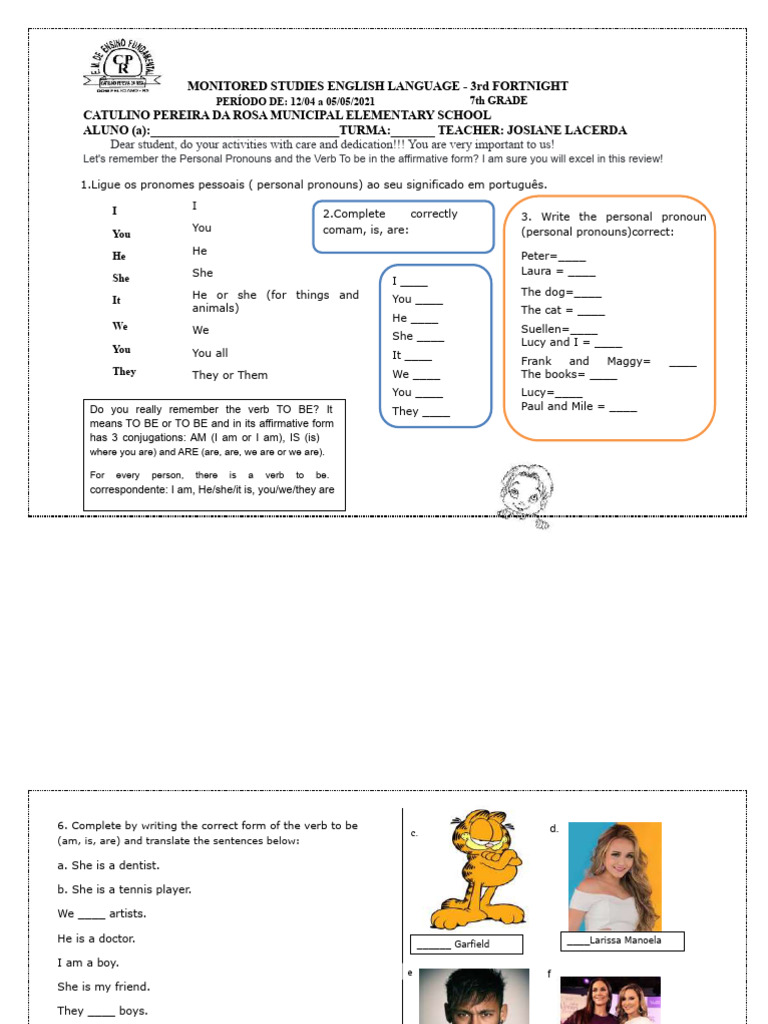 7th Grade English Language Review: Pronouns & Verb To Be | PDF ...