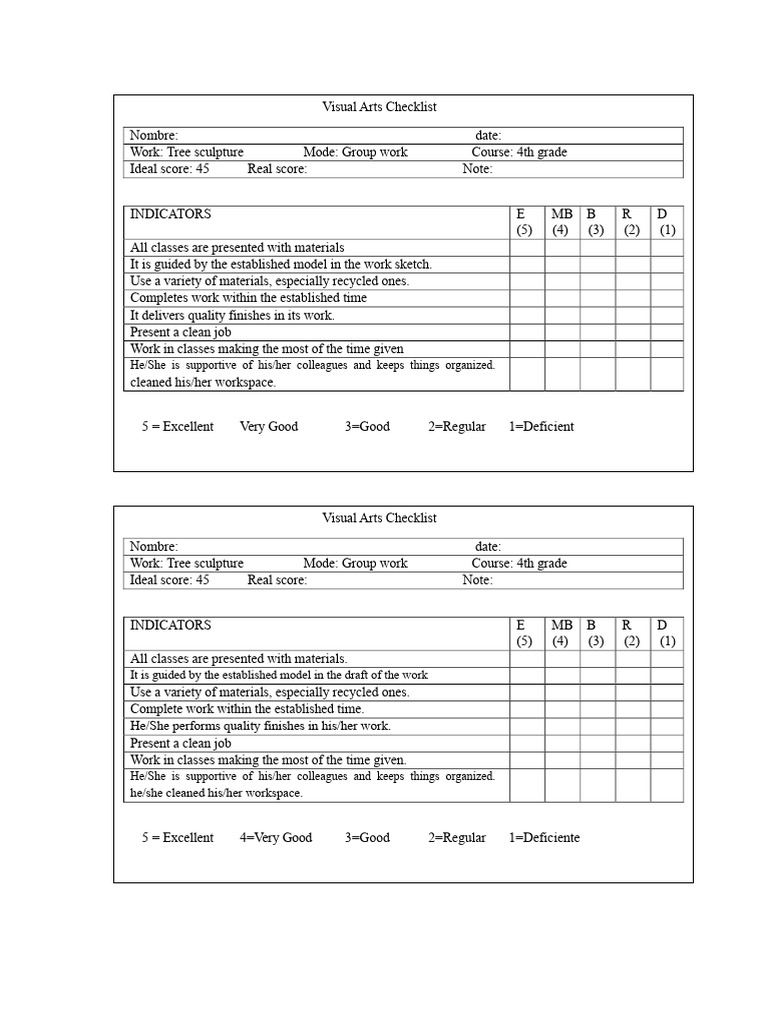 Checklist Sculpture Tree 4TH Grade | PDF
