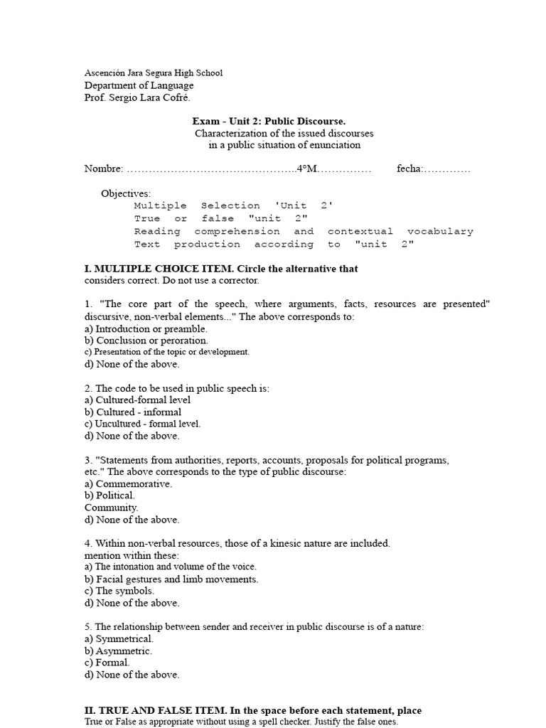 Public Speaking Exam 4th Year High School | PDF | Communication | Human ...