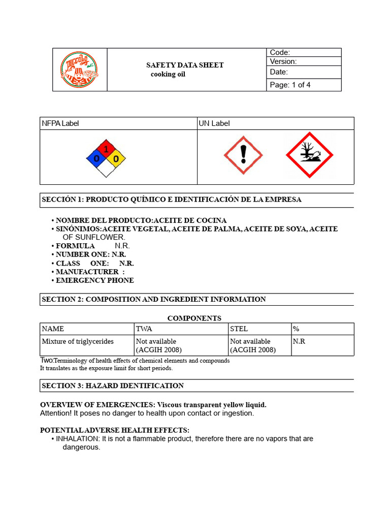 Cooking Oil Safety Data Sheet | PDF | Personal Protective Equipment ...