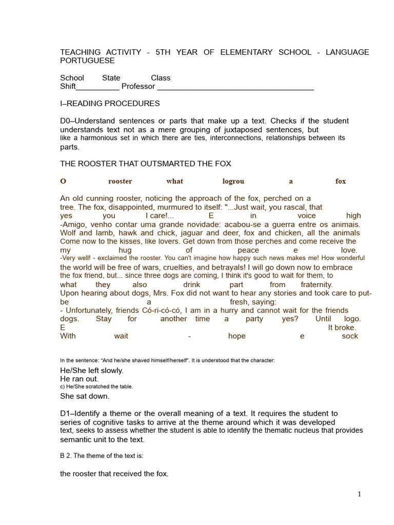 Intervention Activities Text The Rooster That Outwitted The Fox With ...