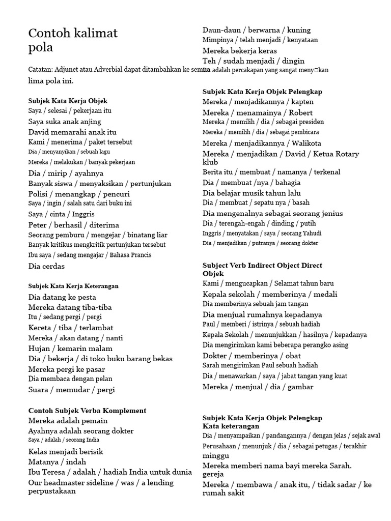 Pola Kalimat dalam Bahasa Indonesia | PDF