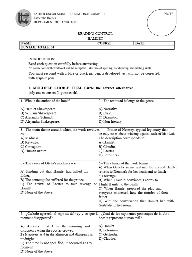 Test Hamlet | PDF | Hamlet | Multiple Choice