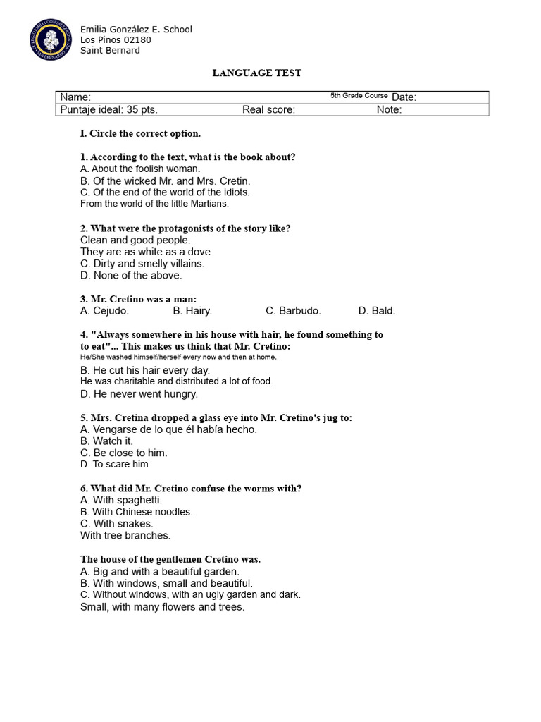 5th Grade Language Test: Cretinos Story | PDF