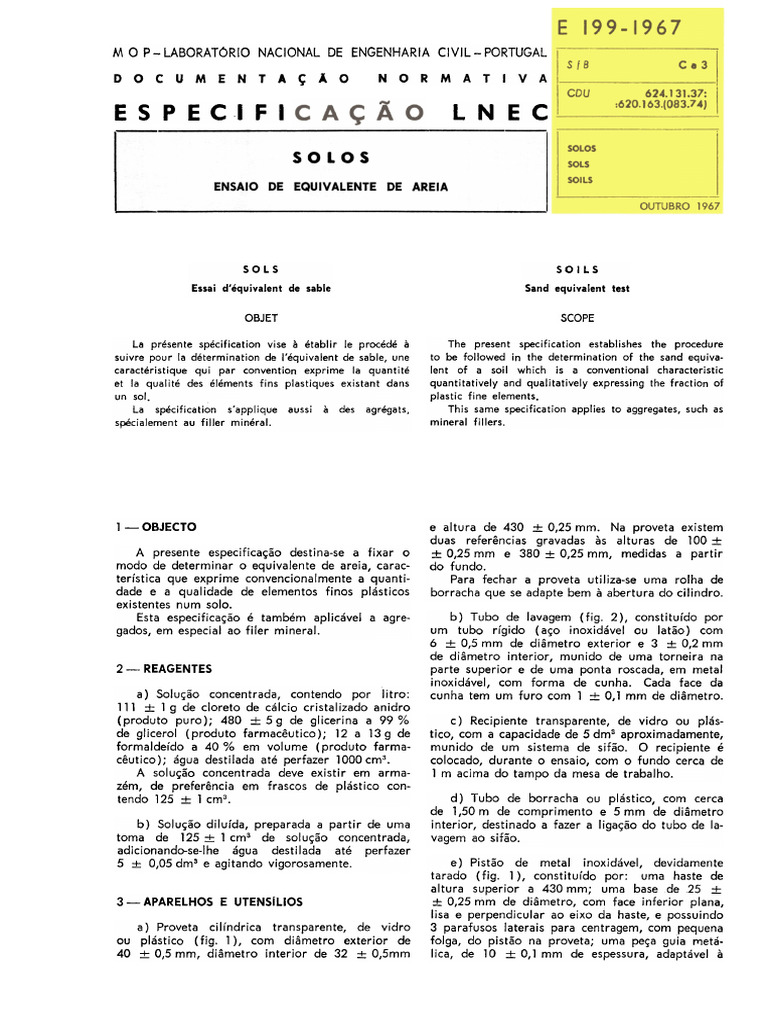 LNEC E 199-1967 - Soils - Determination of Sand Equivalent PDF | PDF