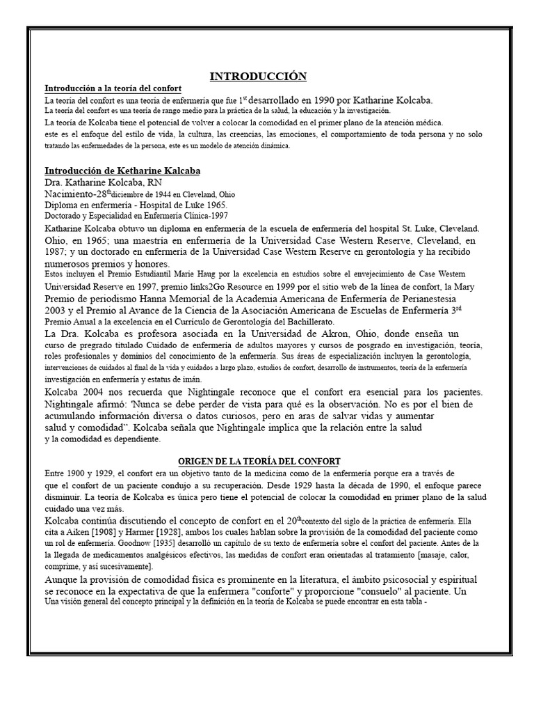 TEORÍA DEL CONFORT DE KATHERINE KOLCABA | PDF | Enfermería | Cuidado de ...