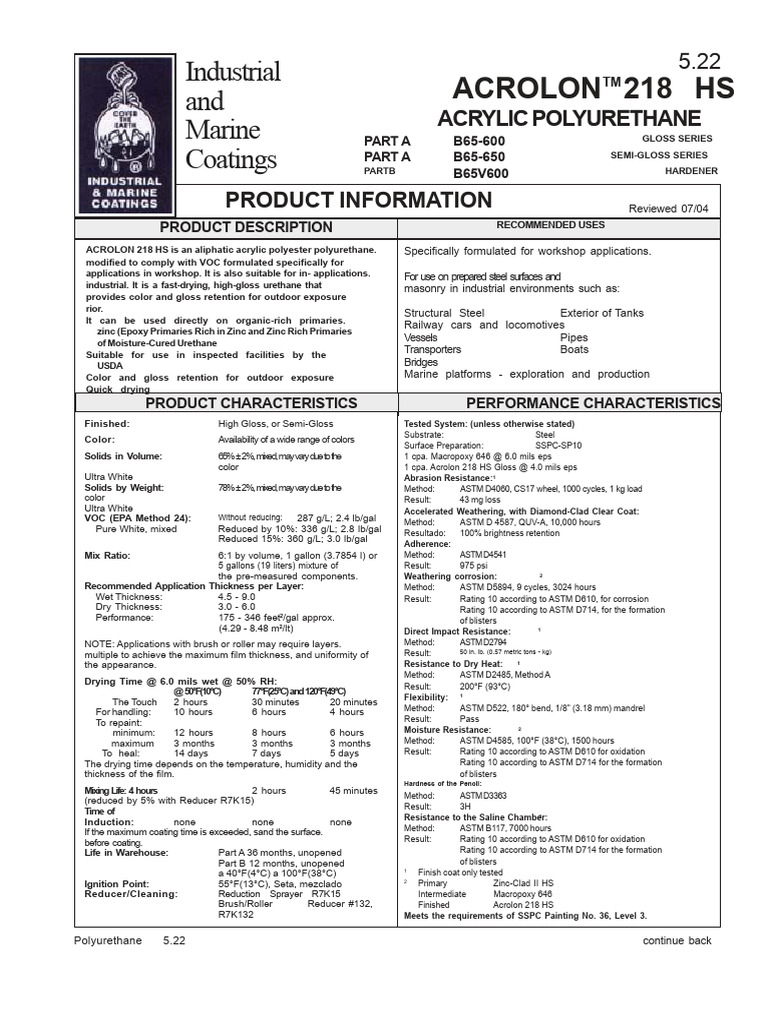 Acrolon 218 HS Polyurethane Overview | PDF | Concrete | Industrial ...