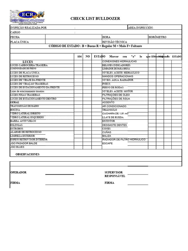 Checklist de Inspeção para Bulldozer | PDF | Pneu | Tecnologia de veículos
