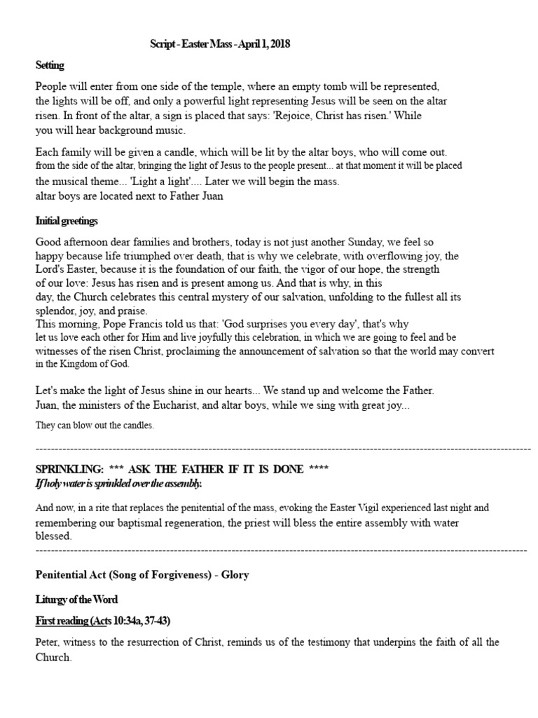 2018 Easter Mass Script.doc | PDF | Eucharist | Resurrection Of Jesus