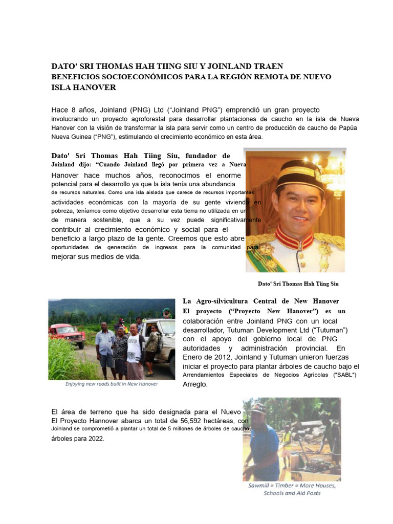 Dato' Sri Thomas Hah Tiing Siu y Joinland Traen Beneficios Socio ...