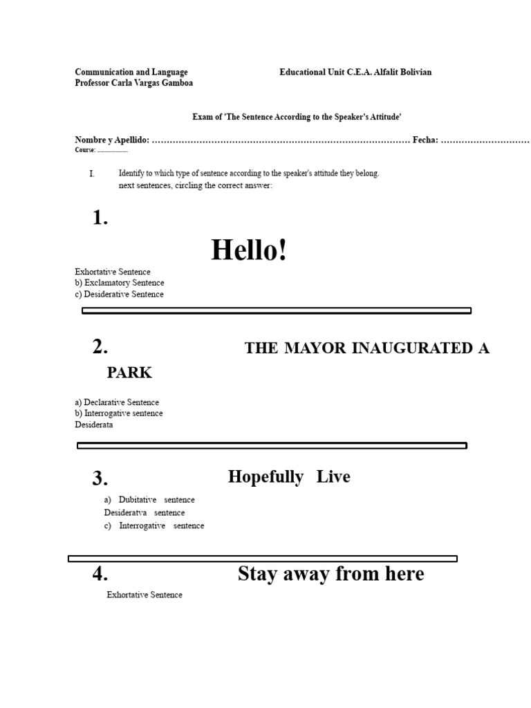 exam of the sentence ACCORDING TO THE SPEAKER'S ATTITUDE.docx | PDF ...
