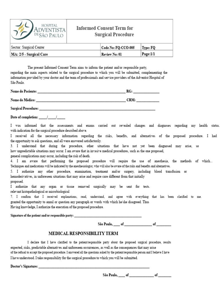 FQ CCO 005 Informed Consent Term For Surgical Procedure | PDF | Surgery ...