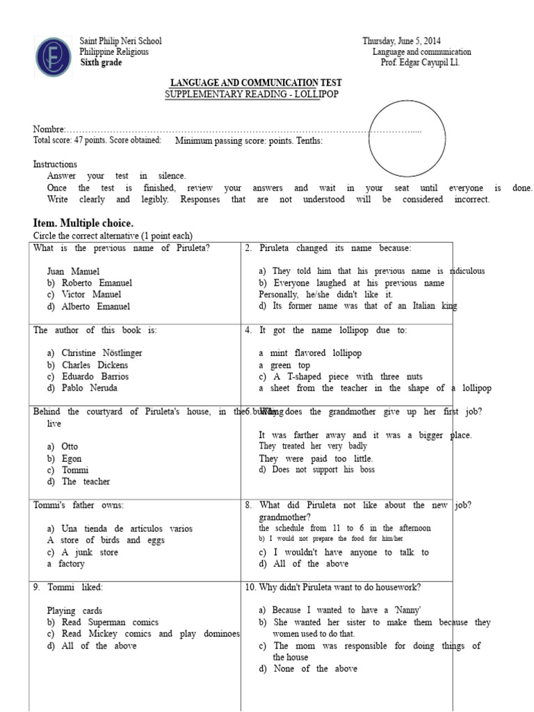 Language Test for Sixth Grade Students | PDF | Multiple Choice