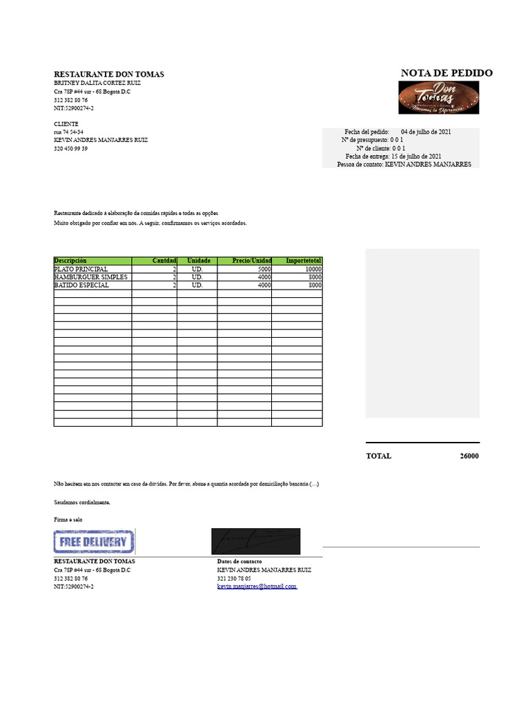 Nota de Pedido Excel | PDF