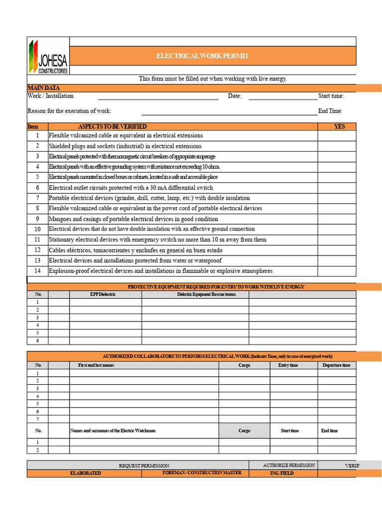 Electrical Work Permit Form Template | PDF | Electrical Connector | Ac ...