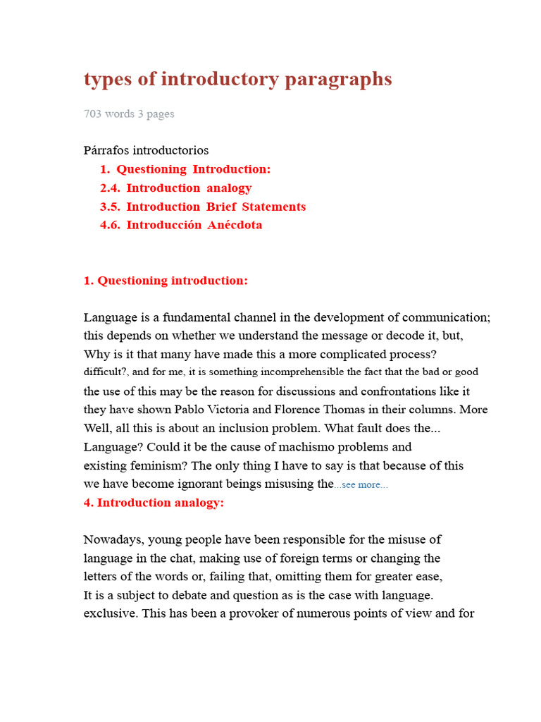 Types of Introductory Paragraphs | PDF | Analogy