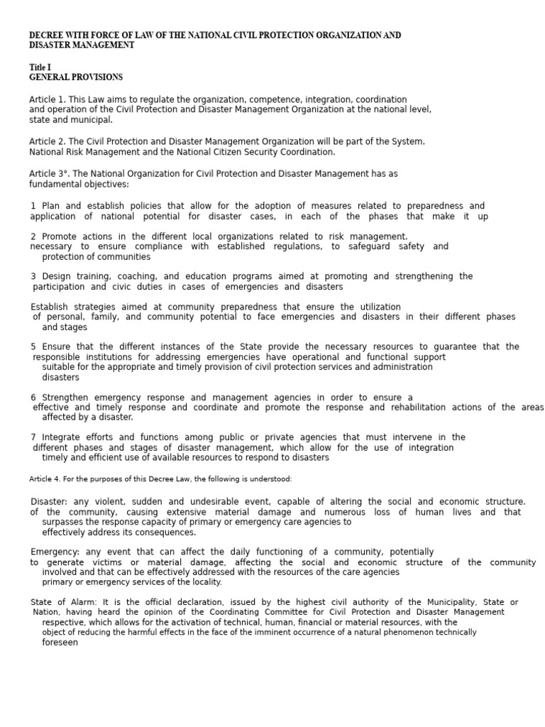 Decree With Force of Law of The National Civil Protection and Disaster ...