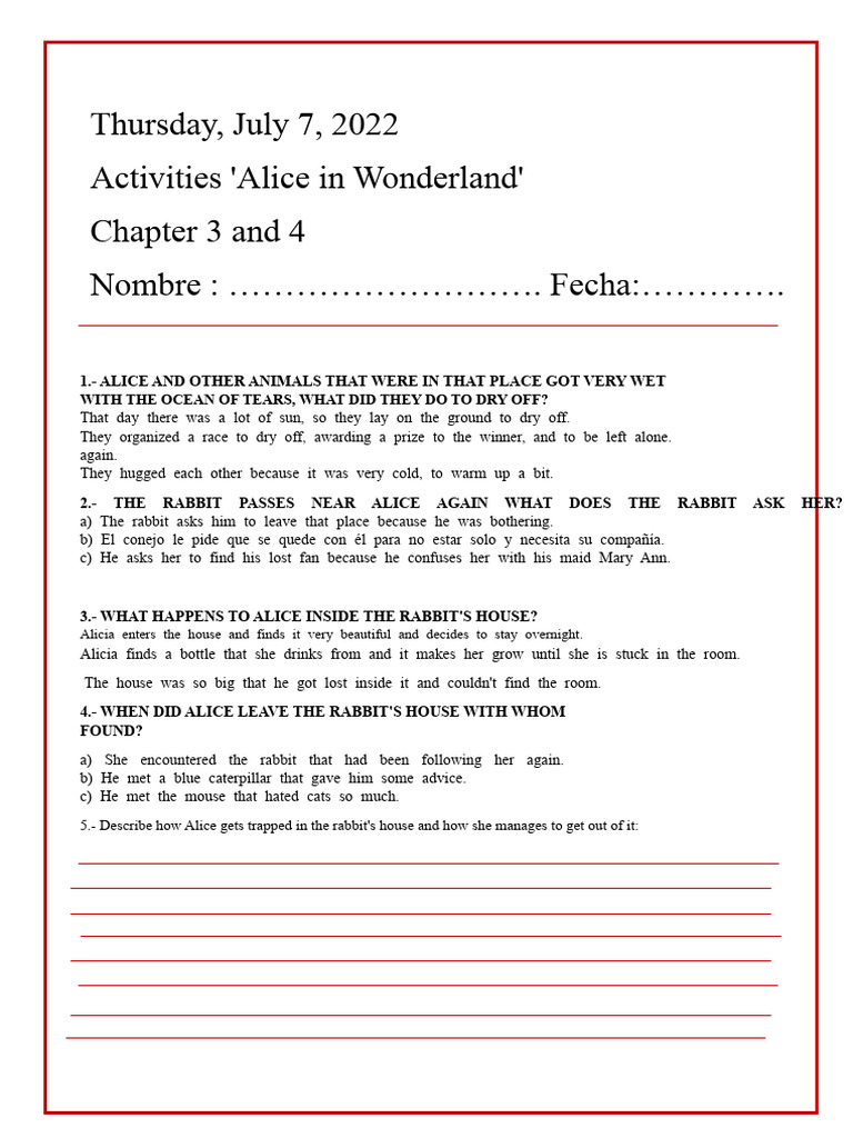 Activities Alice in Wonderland Chapter 3 and 4 | PDF