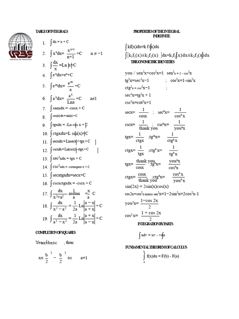 Comprehensive Integral and Derivative Guide | PDF | Integral ...
