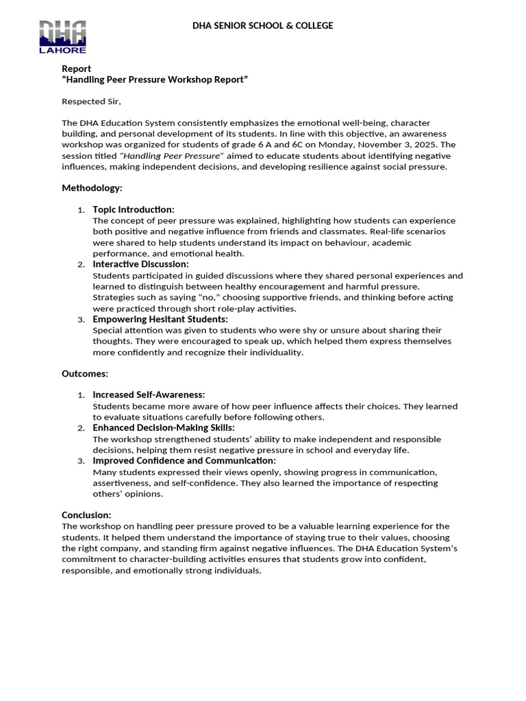 Handling Peer Pressure Report | PDF | Psychological Resilience | Social ...