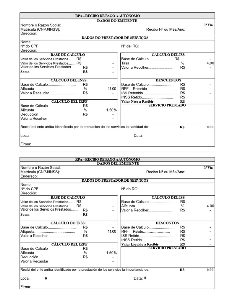 Modelo RPA - Recibo de Pago Autónomo | PDF | Impuestos | Finanzas del gobierno