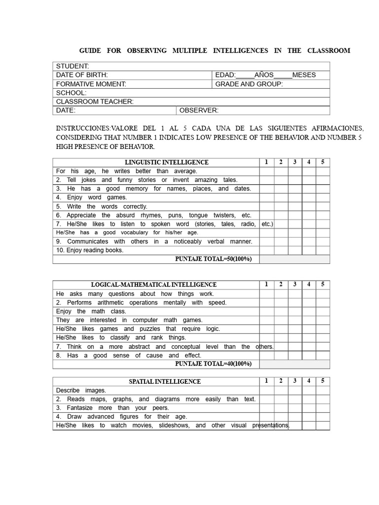 Classroom Guide for Multiple Intelligences | PDF | Learning | Cognitive ...