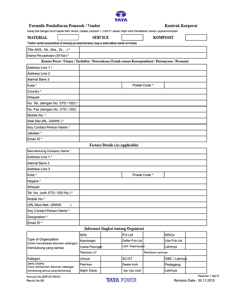 Formulir Registrasi Vendor untuk tata | PDF