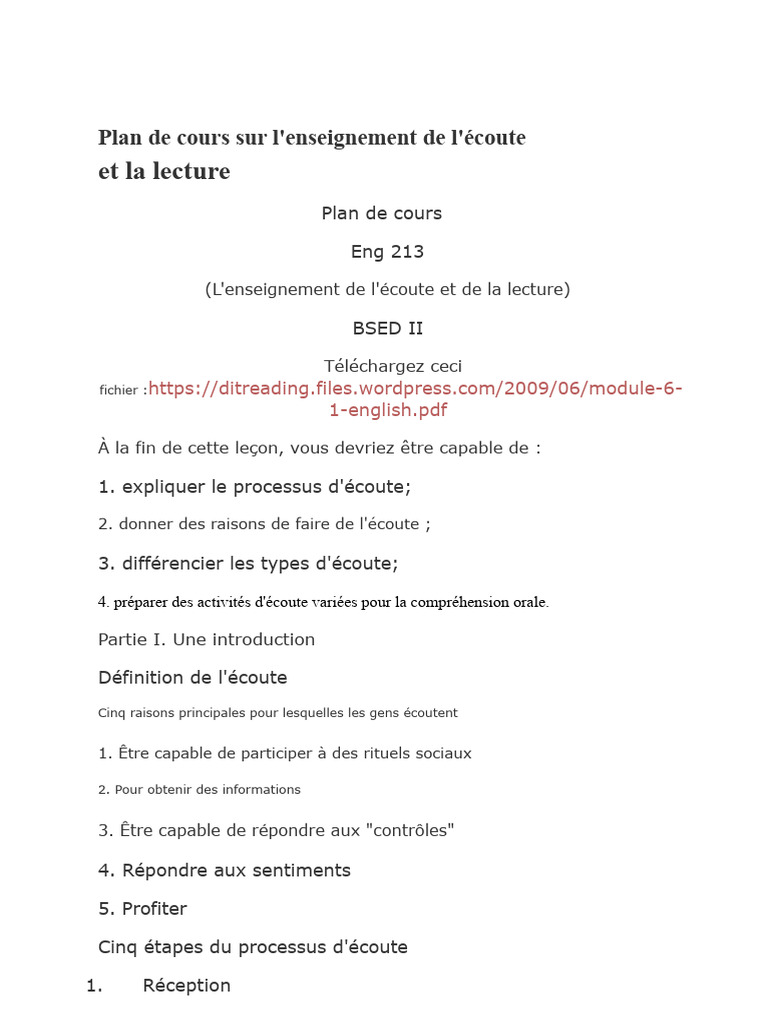 Plan de cours : Écoute et lecture | PDF | Communication humaine ...