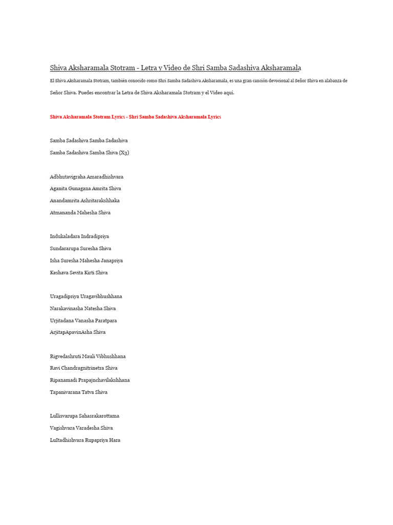 Samba Sadhashiva Akshara Mala | PDF | Names Of God | Gender And Hinduism
