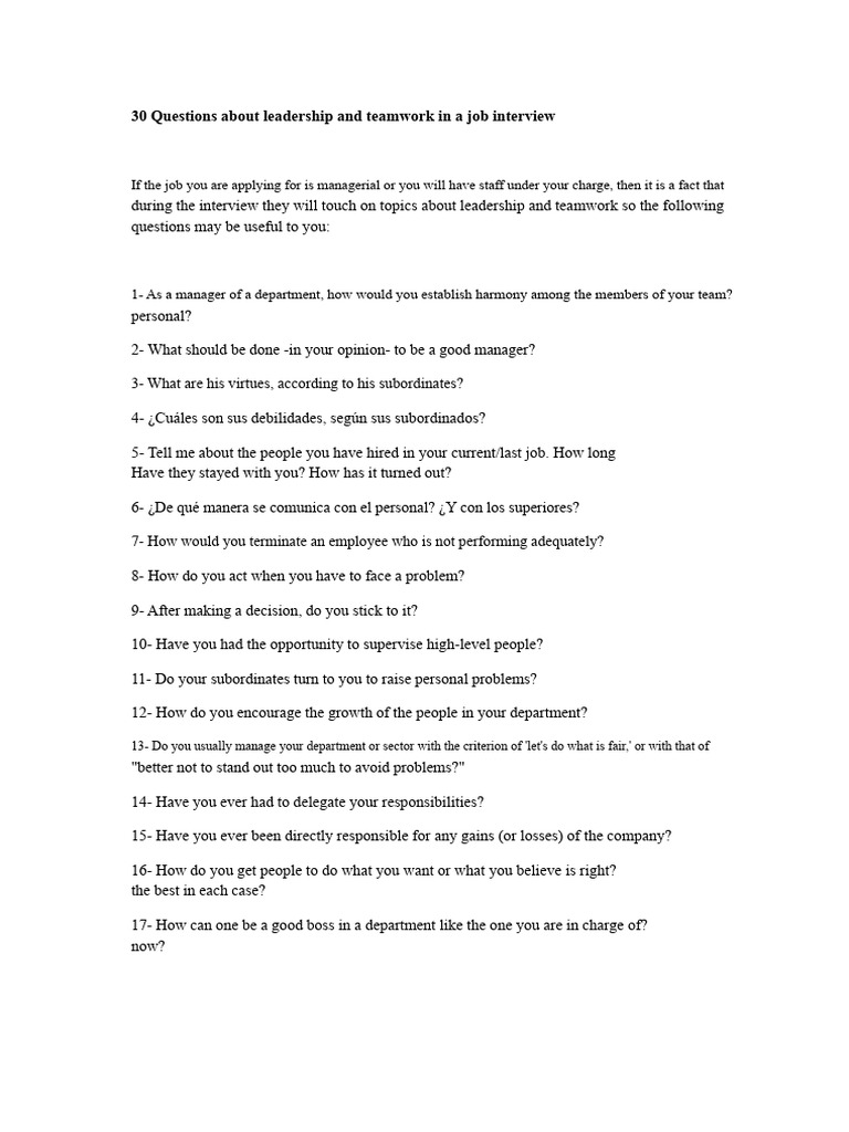 30 Questions About Leadership and Teamwork in A Job Interview | PDF ...