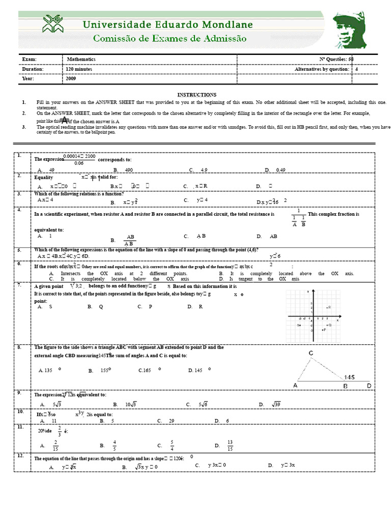 2009 Mathematics Admission Exam Details | PDF | Function (Mathematics ...