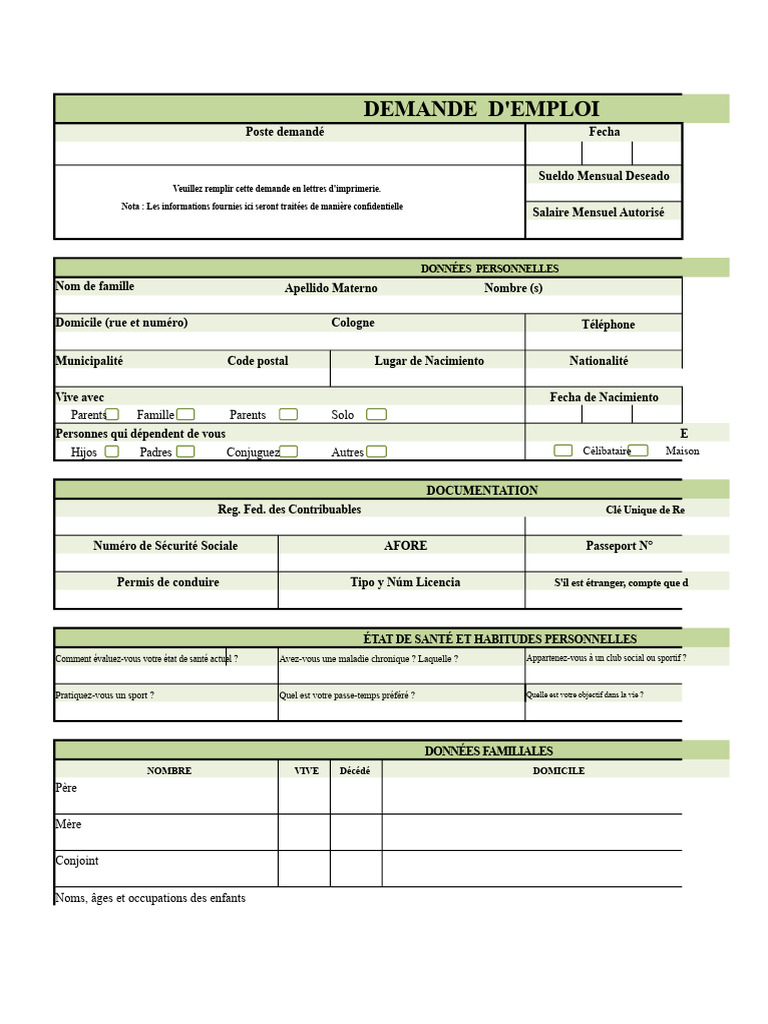 Formulaire de Demande d'Emploi Complet | PDF