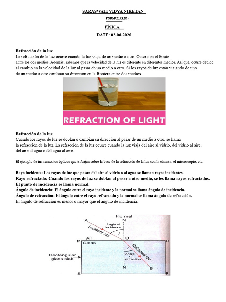 Refracción de la Luz: Conceptos Clave | PDF | Refracción | Ligero