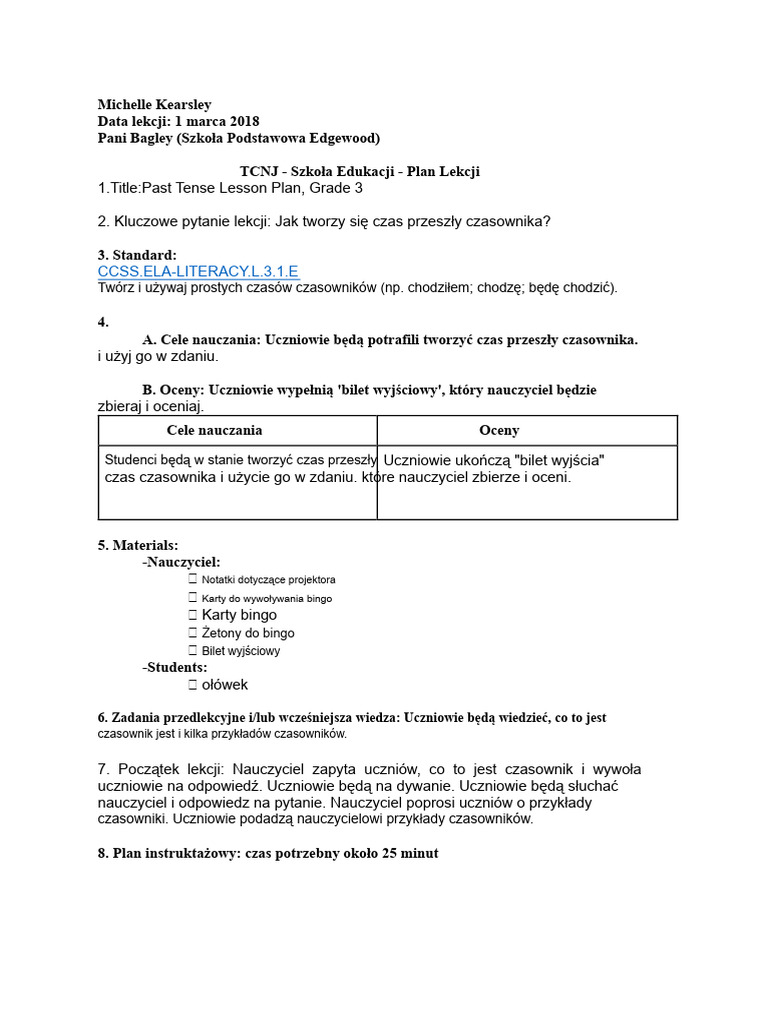 Plan Lekcji Czasu Przeszłego | PDF