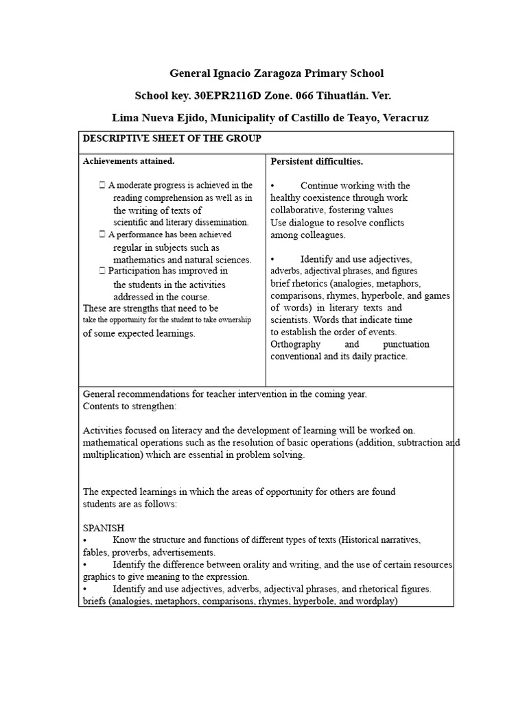 Descriptive sheets by student and by group 6th grade | PDF | Reading ...