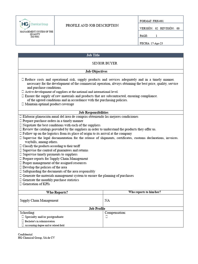 Senior Buyer Job Description and Profile | PDF | Supply Chain | Procurement