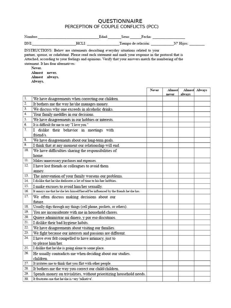 Couples Conflict Questionnaire PCP | PDF | Interpersonal Relationships ...