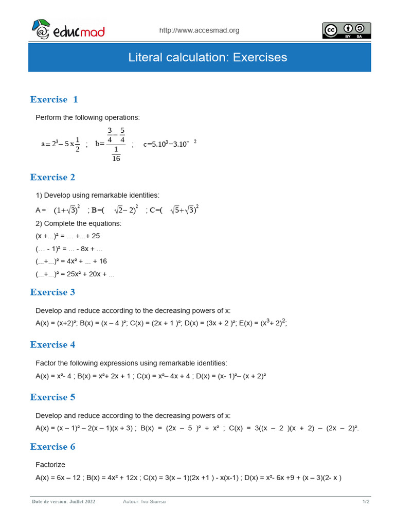 Monomials Polynomials Exercises 1 | PDF
