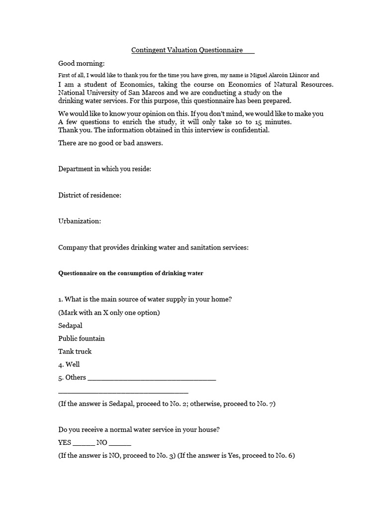 Contingent Valuation Questionnaire | PDF | Questionnaire | Water Supply