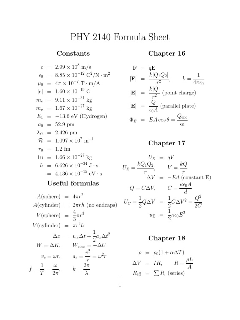 PHY 2140 Formula Sheet: Constants | PDF