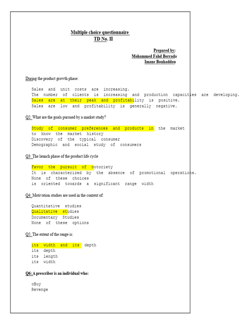 Multiple Choice Questionnaire (MCQ) Marketing | PDF | Marketing | Pricing