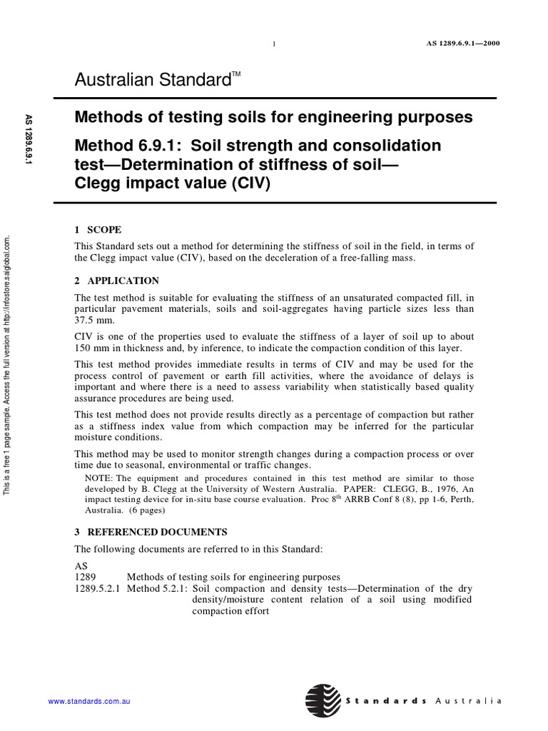 As 1289.6.9.1-2000 Methods of Testing Soils For Engineering Purposes ...