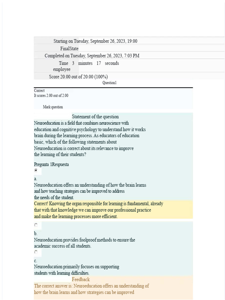 PDF Questionnaire Neuroeducation 3 Compress | PDF | Neuroplasticity | Learning