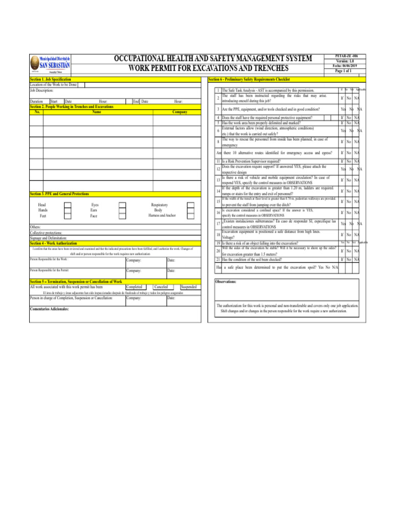 Excavation and Trench Work Permit Format PDF | PDF | Personal ...